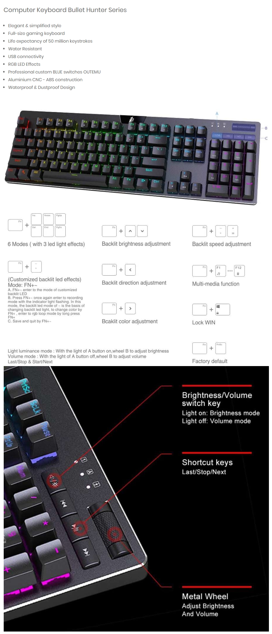 1st Player Bullet Hunter MK6 RGB Backlight Mechanical Gaming Keyboard ...