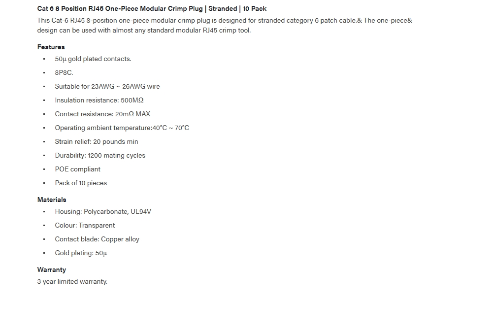 4Cabling Cat6 8 Position RJ45 One-Piece Modular Crimp Plug - Stranded ...