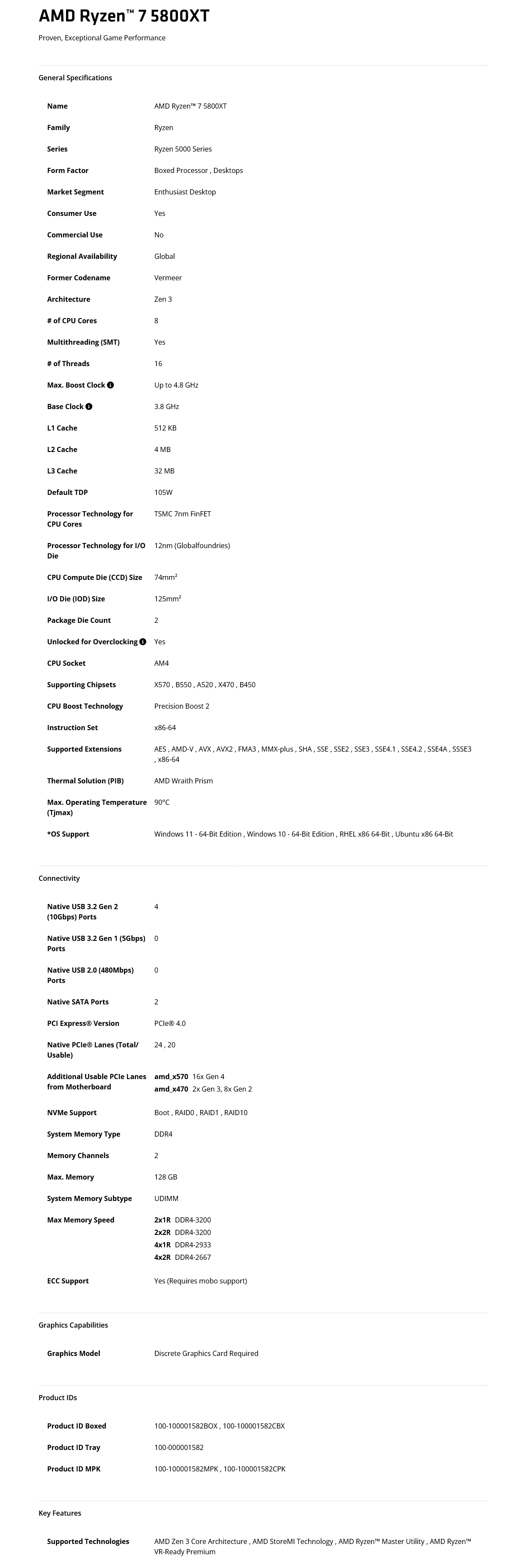 AMD Ryzen 7 5800XT 8 Core 16 Threads up to 4.8GHz AM4 Unlocked CPU ...