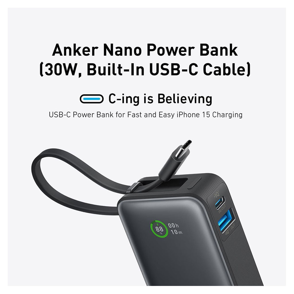 Anker Nano 10000mAh 30W Power Bank with Built-In USB-C Cable - Black ...