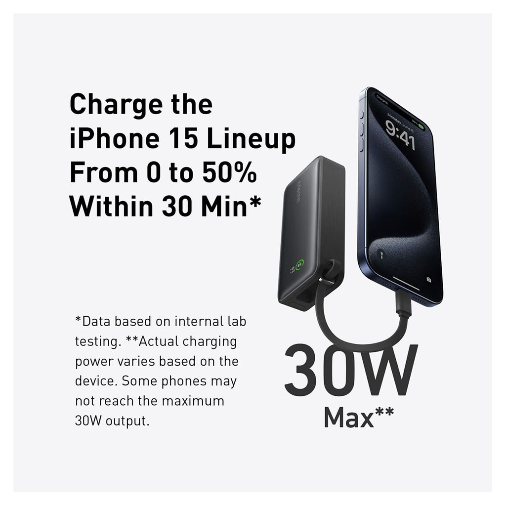 Anker Nano 10000mAh 30W Power Bank with Built-In USB-C Cable - Black ...