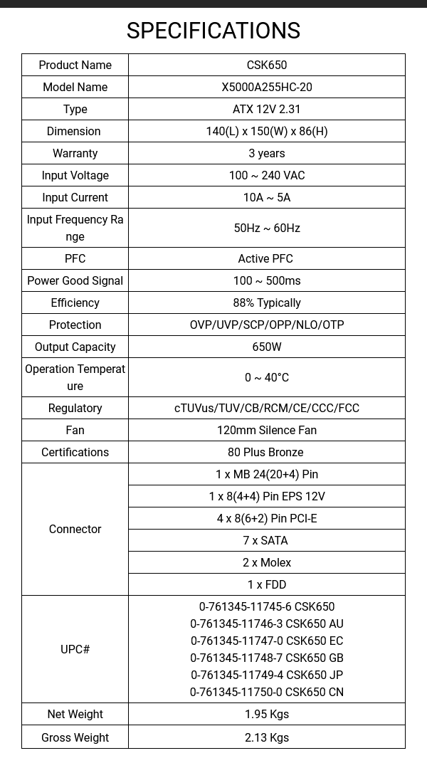 Antec CSK650 AU 650W 80+ Bronze Non Modular ATX Power Supply - PCC ...