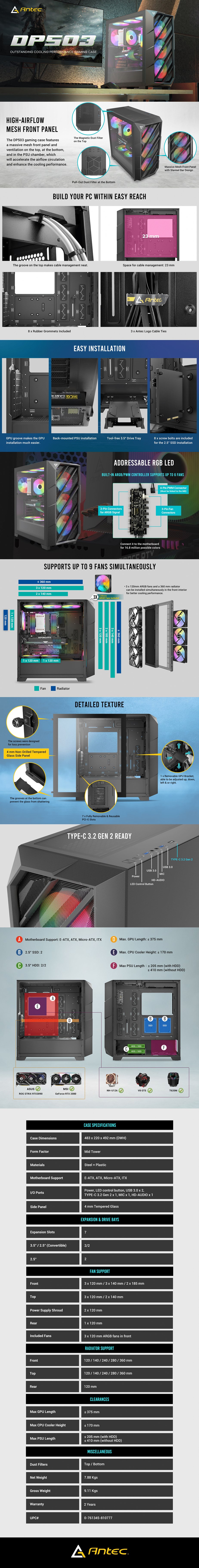 Antec DP503 Tempered Glass Mid-Tower E-ATX Case - Black - DP503 | Mwave