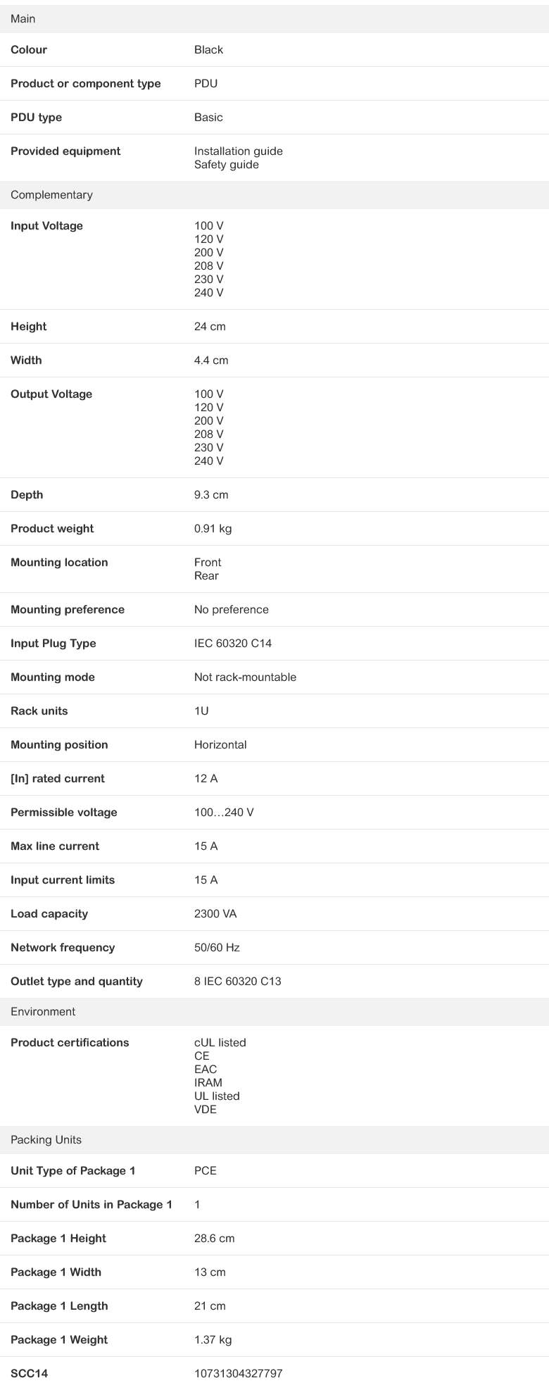 APC AP6015A 0U/1U, 120-240V/15A, 220-240V/10A, x8 C13 Basic Rack PDU ...