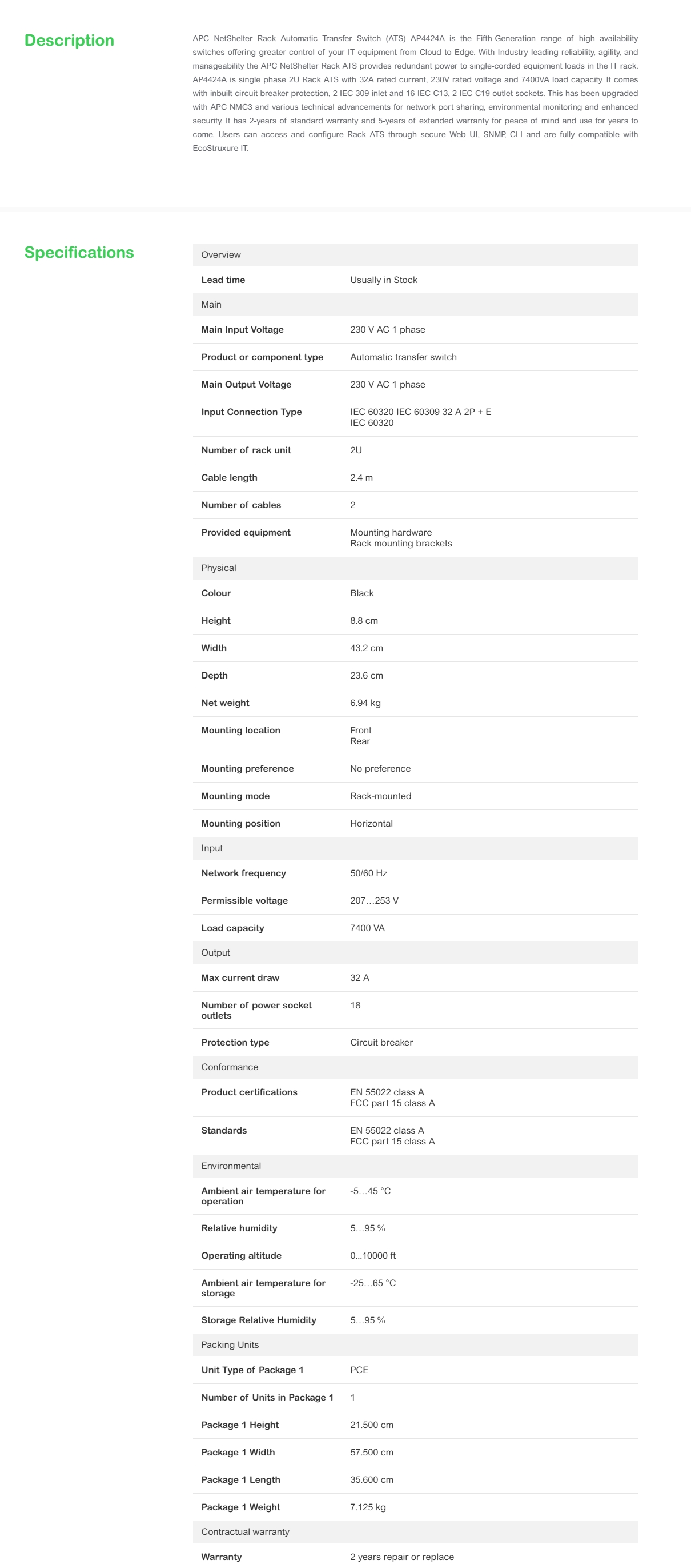 APC Netshelter AP4424A 2U Rack, 32A, 230V, Automatic Transfer Switch ...