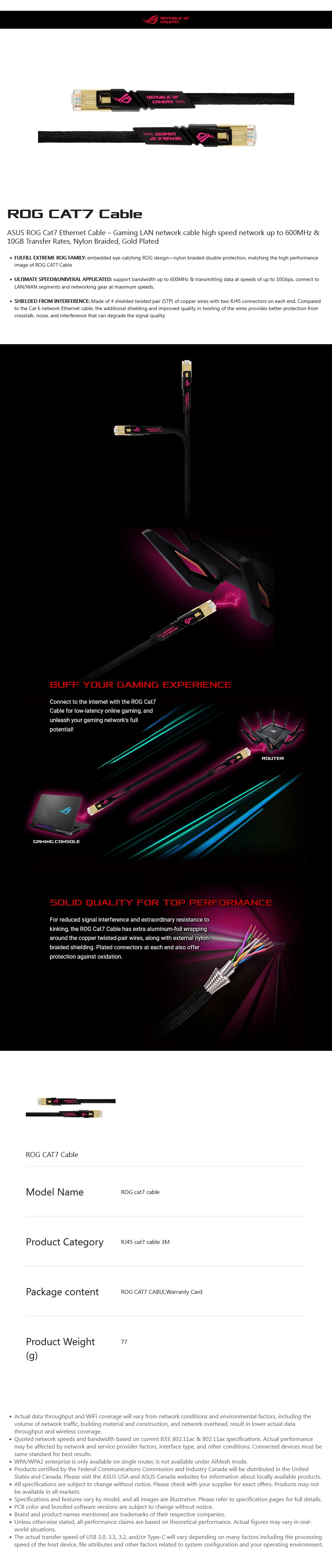 ASUS ROG 3m CAT7 Shielded Ethernet RJ45 Gaming Network Cable - Black ...