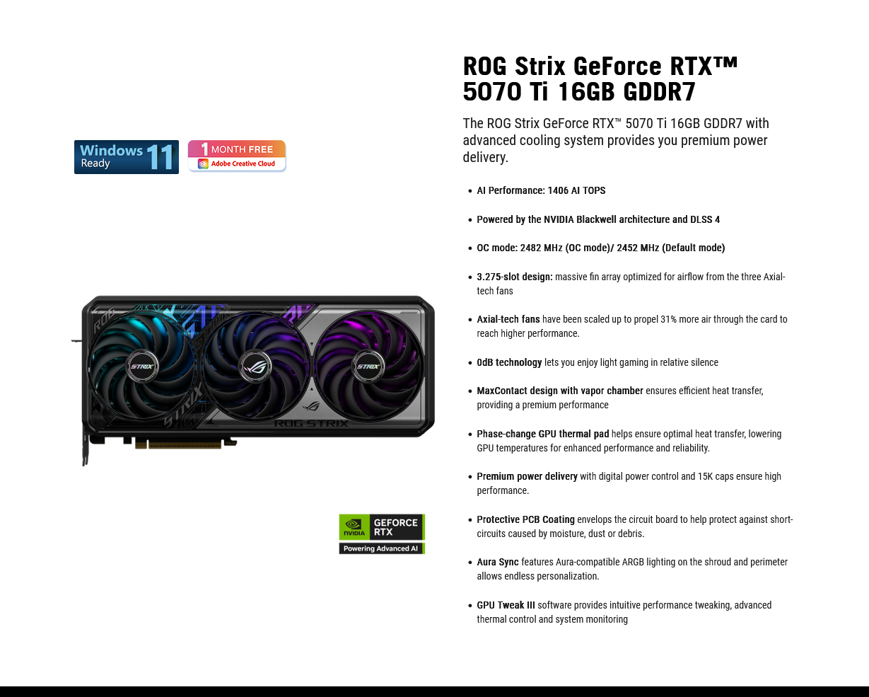 ASUS ROG Strix GeForce RTX 5070 Ti 16GB GDDR7 Video Card - rog-strix ...