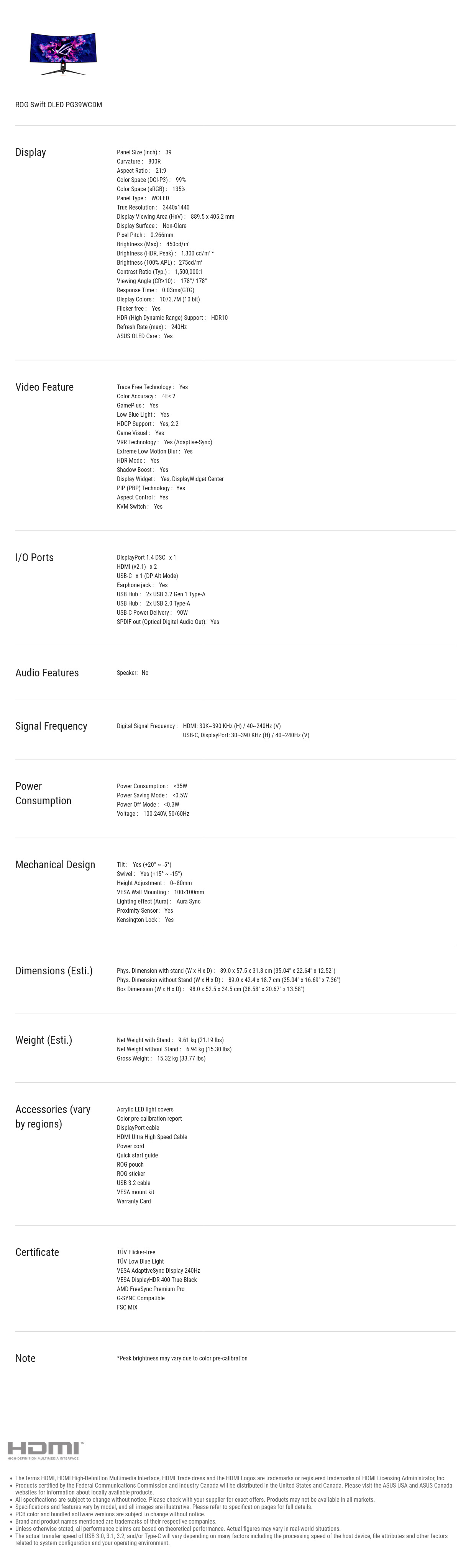 ASUS ROG Swift OLED PG39WCDM 39" 240Hz Ultra-Wide QHD Curved Gaming ...