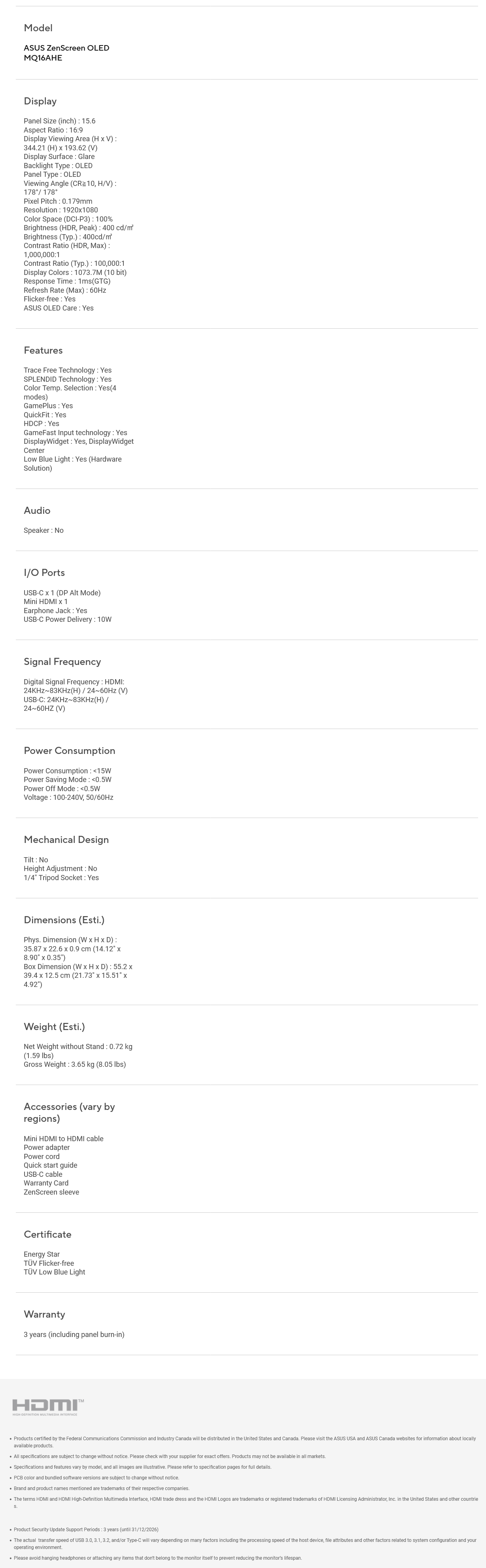 ASUS ZenScreen MQ16AHE 15.6" Full HD OLED Portable Monitor - MQ16AHE | Mwave