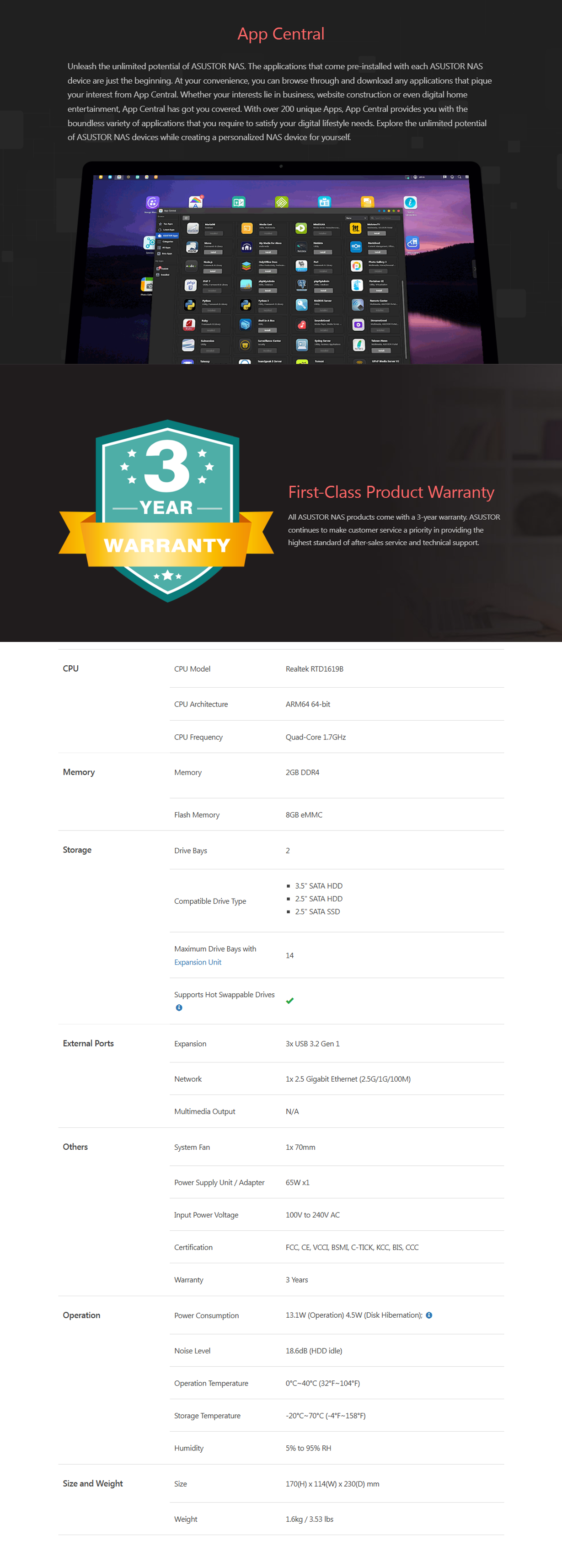 Asustor Drivestor 2 Pro AS3302T V2 2-Bay Diskless NAS Realtek RTD1619B ...