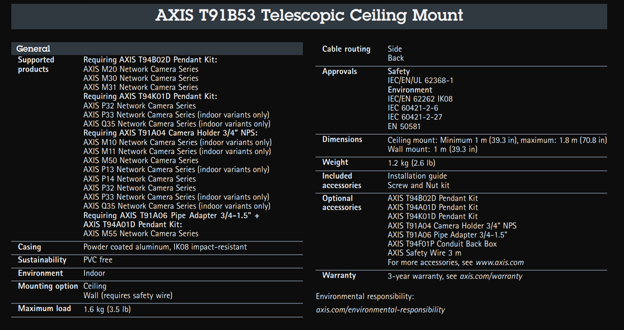 AXIS T91B53 Telescopic Ceiling Mount - 2pcs - 01189-001 | Mwave