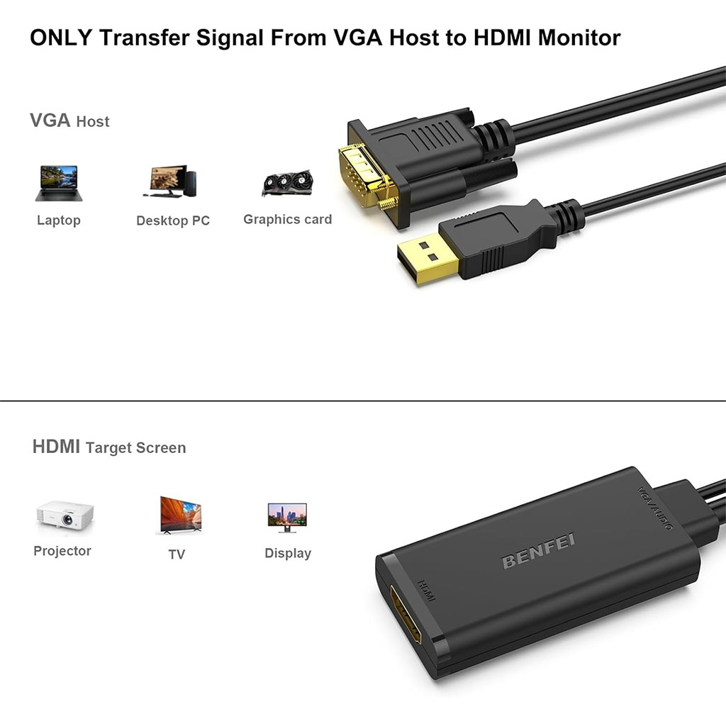 BENFEI 210BK VGA to HDMI Adapter w/ Audio Support & 1080P Resolution ...
