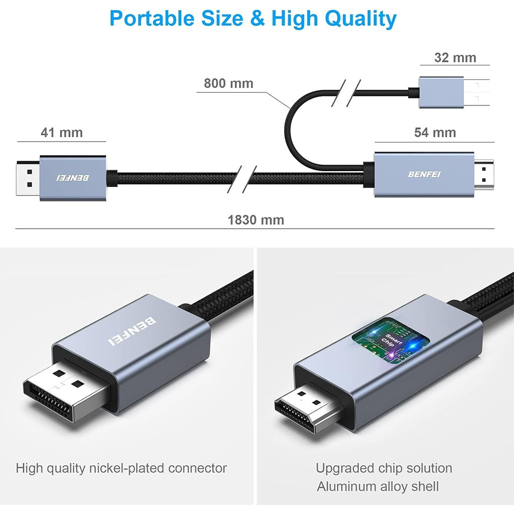 BENFEI 344GY-1M 1M Unidirectional 4K Active HDMI to DisplayPort Cable w ...