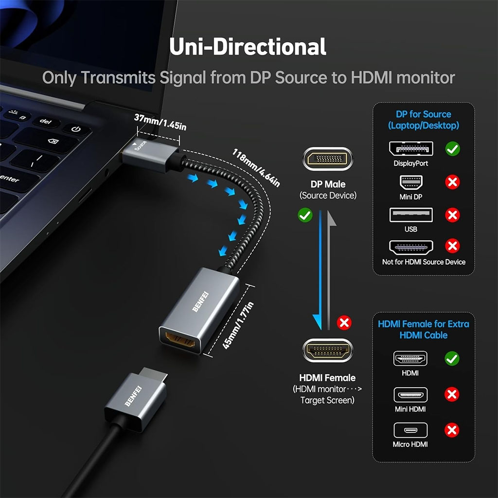 BENFEI Uni-Directional 4K DisplayPort to HDMI Adapter - ELEBEN218GY | Mwave