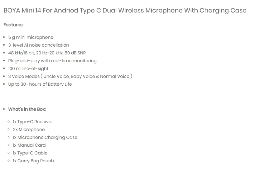 Boya Mini 14 Wireless Microphone USB Type-C - BOYA-MINI-14 | Mwave