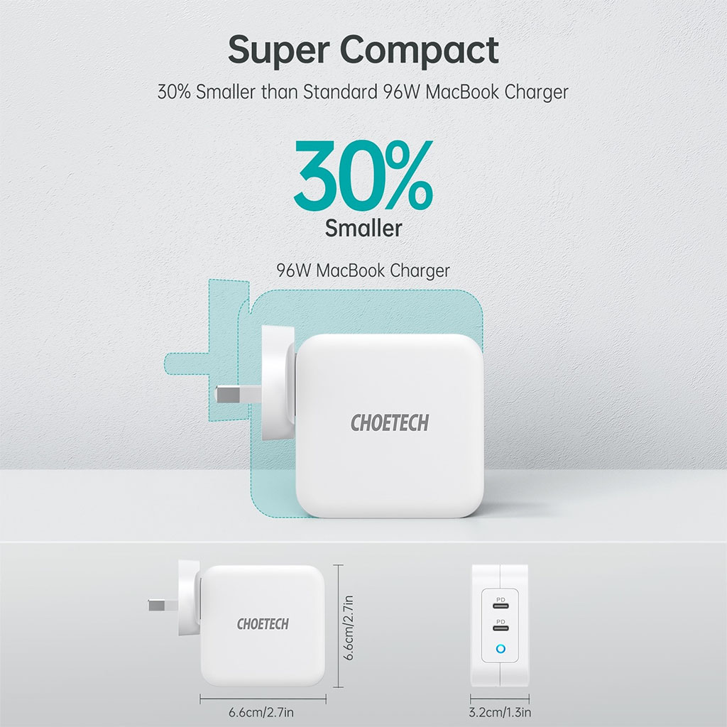 Choetech PD6008 100W GaN Dual Type-C Travel Charger - ELECHOPD6008 | Mwave