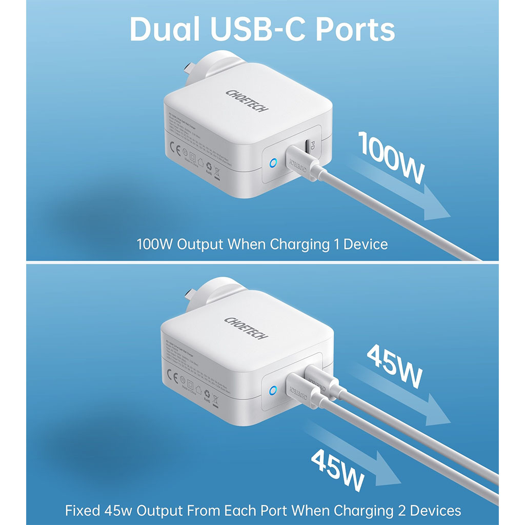 Choetech PD6008 100W GaN Dual Type-C Travel Charger - ELECHOPD6008 | Mwave