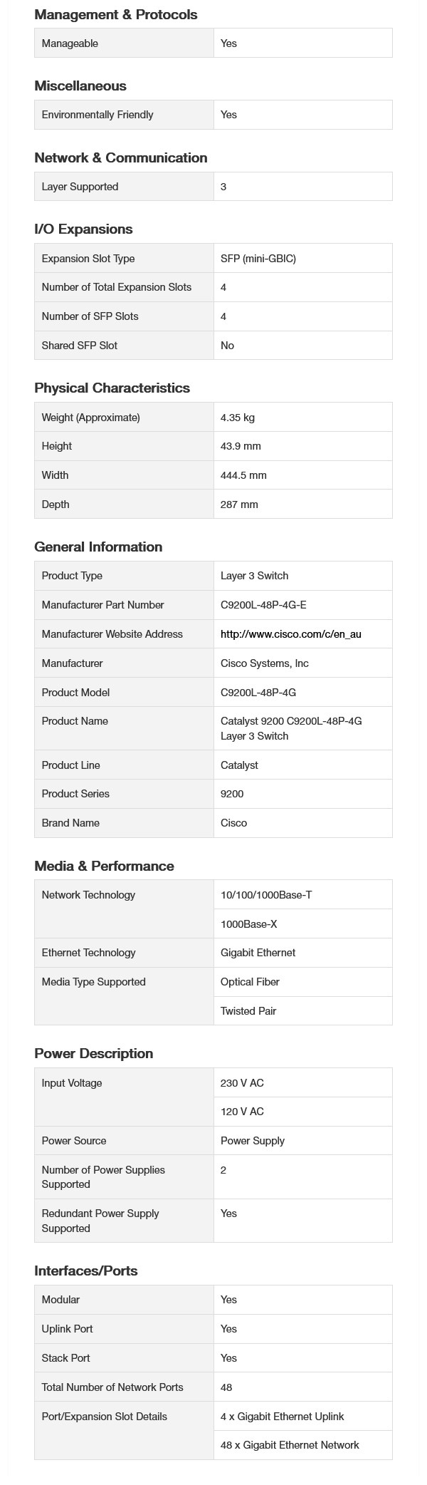 Cisco Catalyst 9200L 48 Port Gigabit PoE+ L3 Manageable Switch with 4 ...