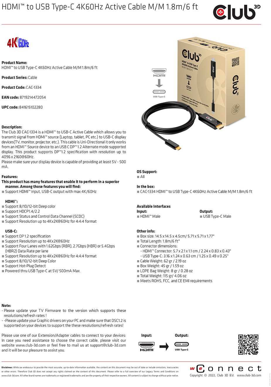 Club 3D 1.8m HDMI to USB Type-C 4K60Hz Active Cable - CAC-1334 | Mwave