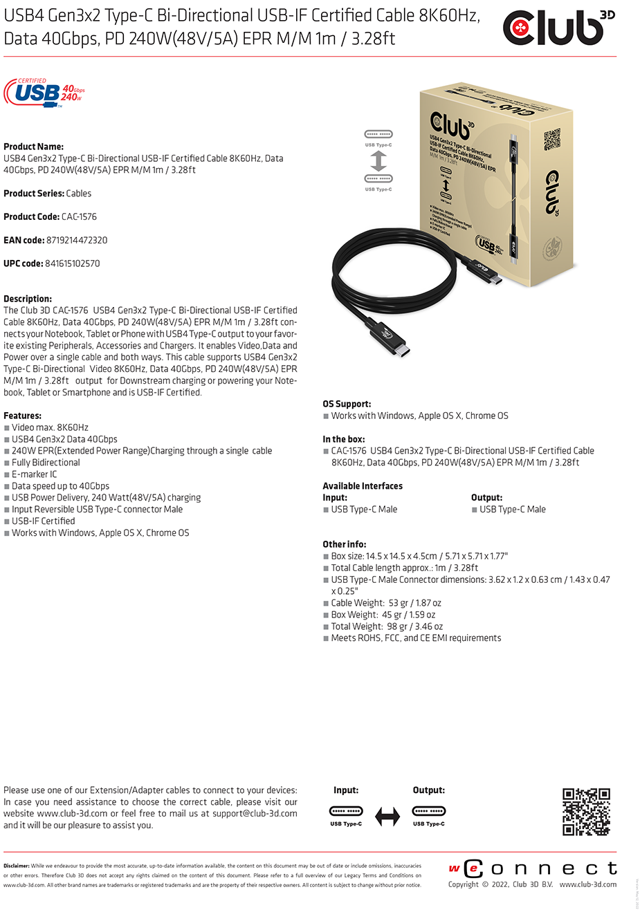 Club 3D 1m USB4 Gen3x2 USB Type-C to USB Type-C Cable - CAC-1576 | Mwave