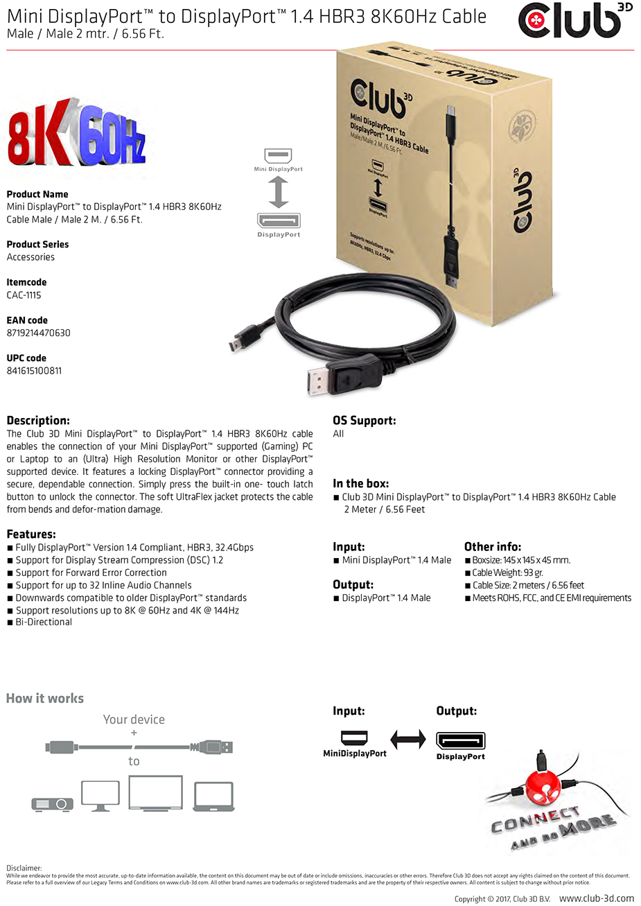 Club 3D 2m Mini DisplayPort to DisplayPort 1.4 HBR3 Cable - CAC-1115 ...