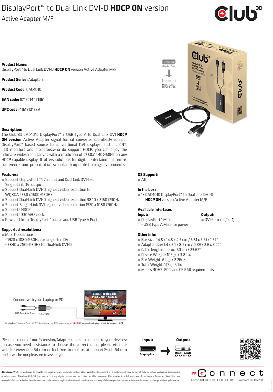 Club 3D DisplayPort to Dual Link DVI-D Adapter - CAC-1010 | Mwave