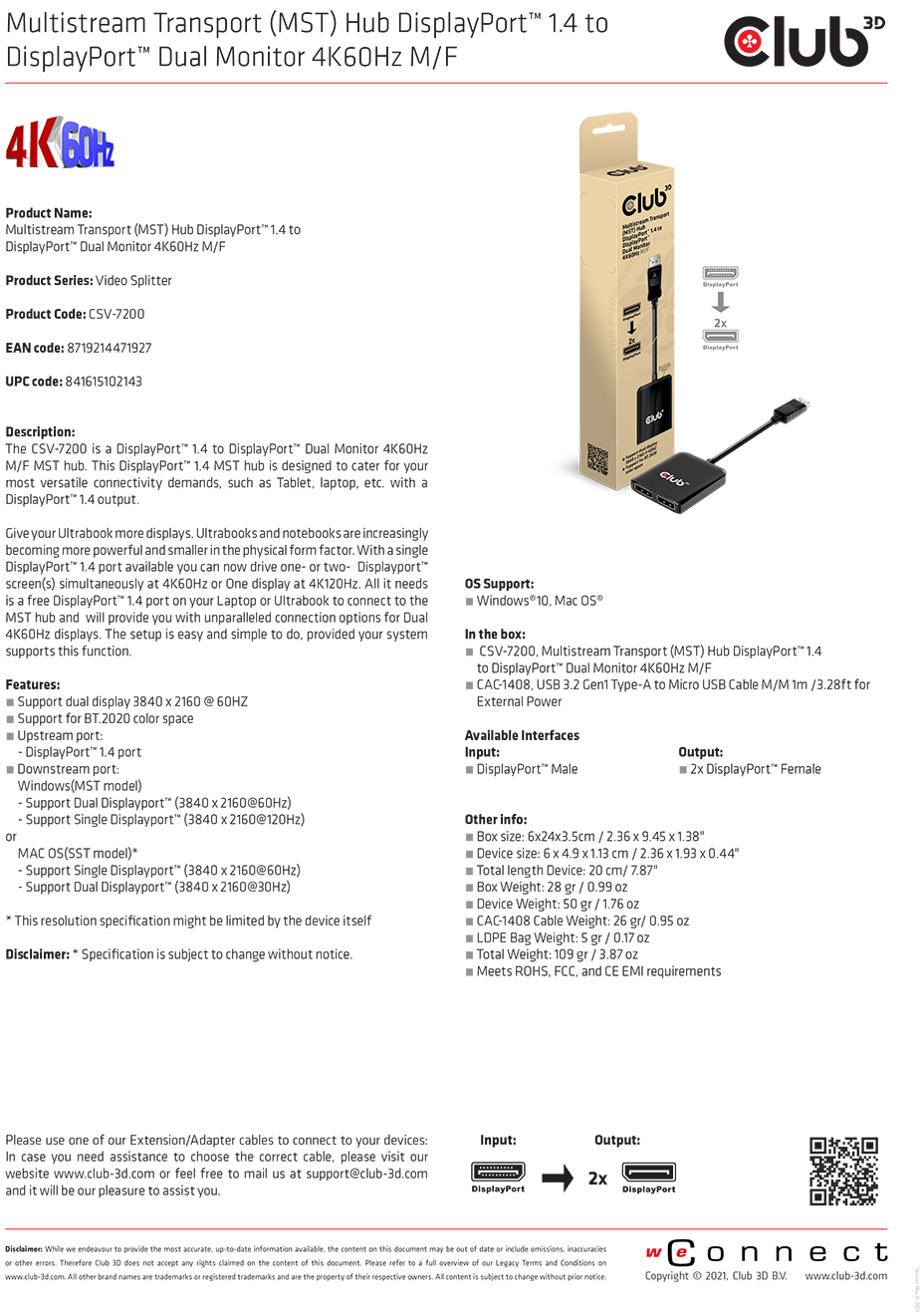 Club 3D Multi-Port MST DisplayPort 1.4 Hub - CSV-7200 | Mwave