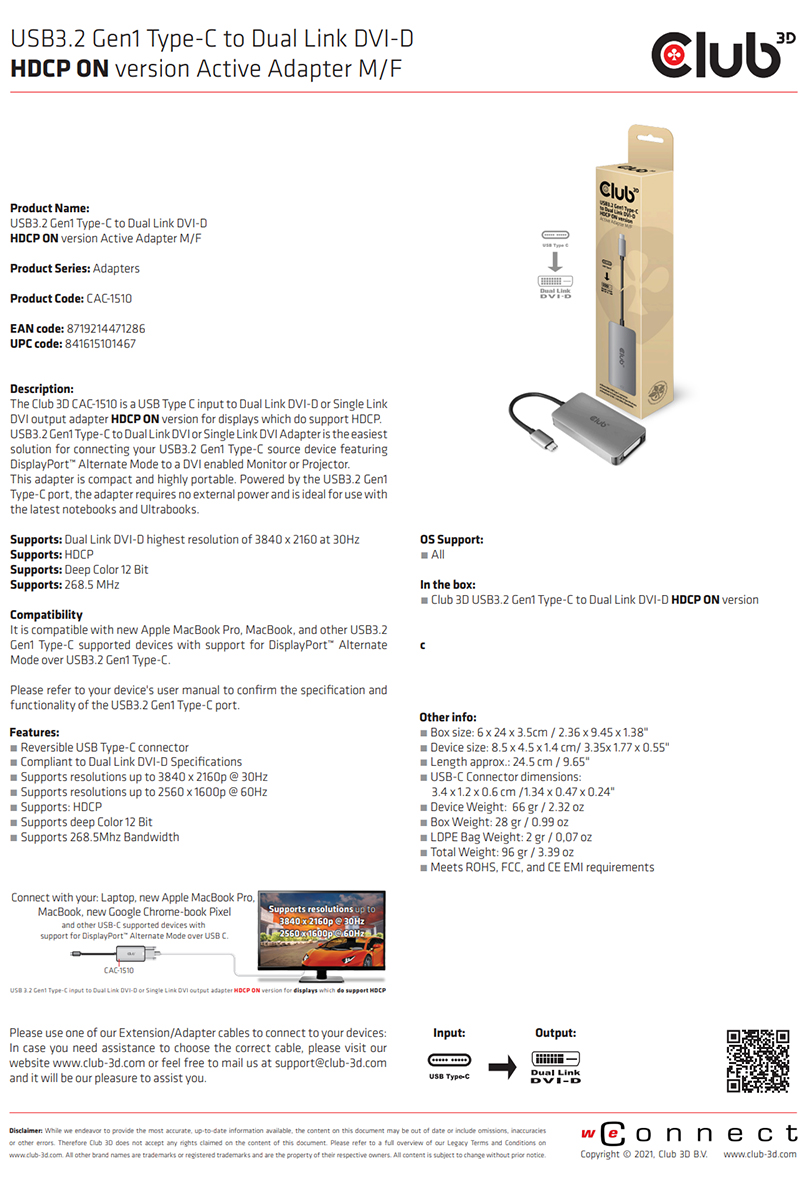 Club 3D USB 3.2 Gen 1 Type-C to Dual Link DVI-D Adapter - CAC-1510 | Mwave