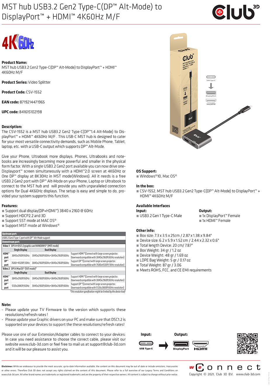 Club 3D USB 3.2 Gen 2 Type-C to DisplayPort/HDMI Adapter - CSV-1552 | Mwave