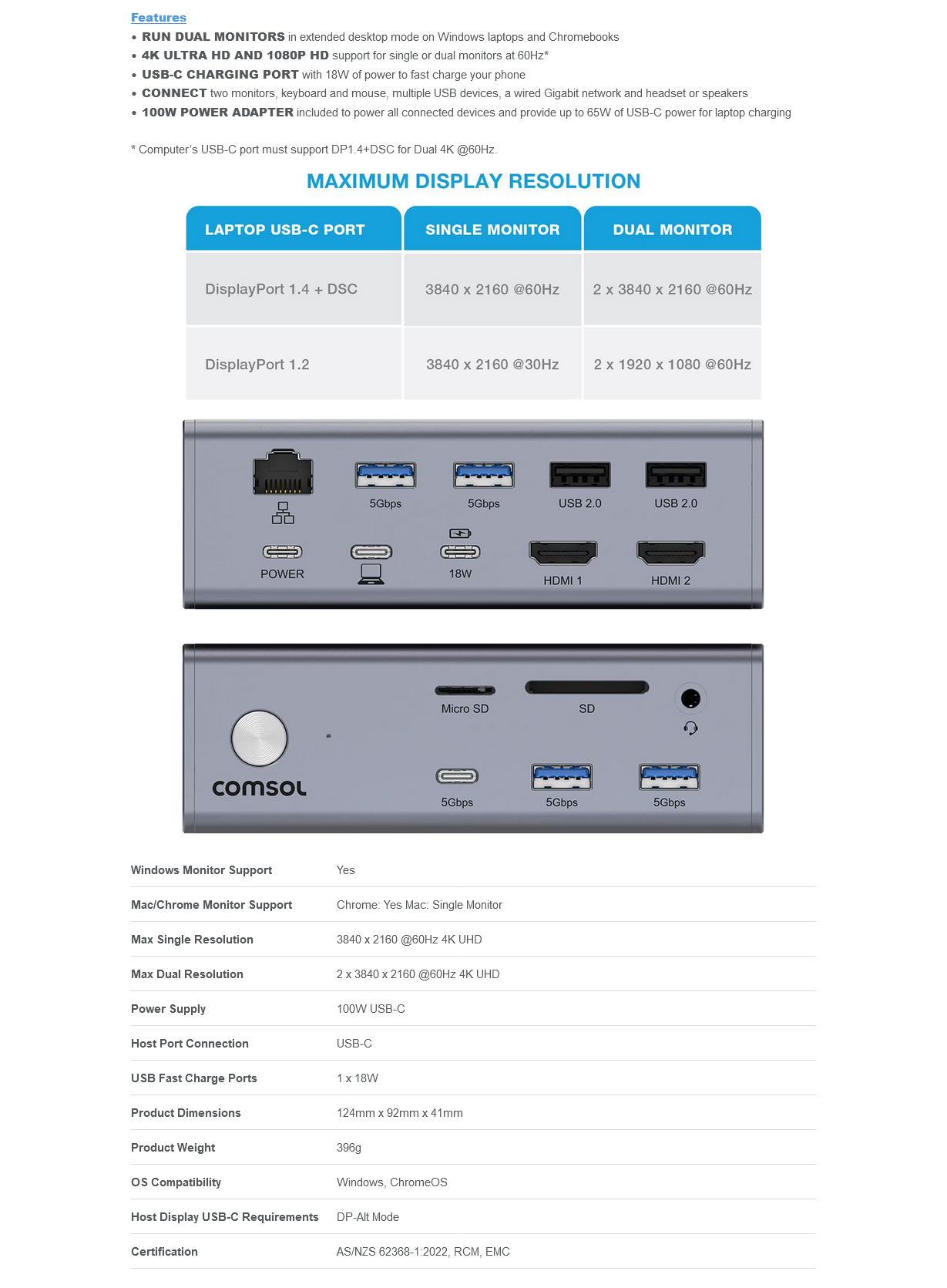 Comsol Dual Monitor USB-C 16-Port Docking Station - DS24HDA | Mwave