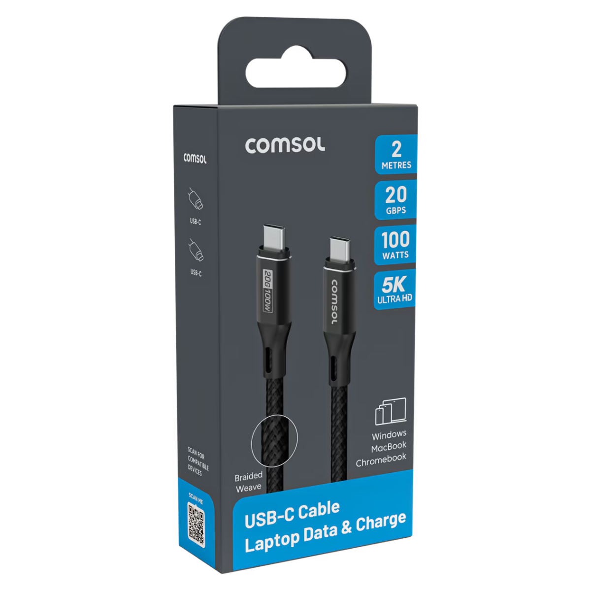 Comsol USB-C to USB-C Silicone + Fabric Cable 100W 20Gbps - 2m ...
