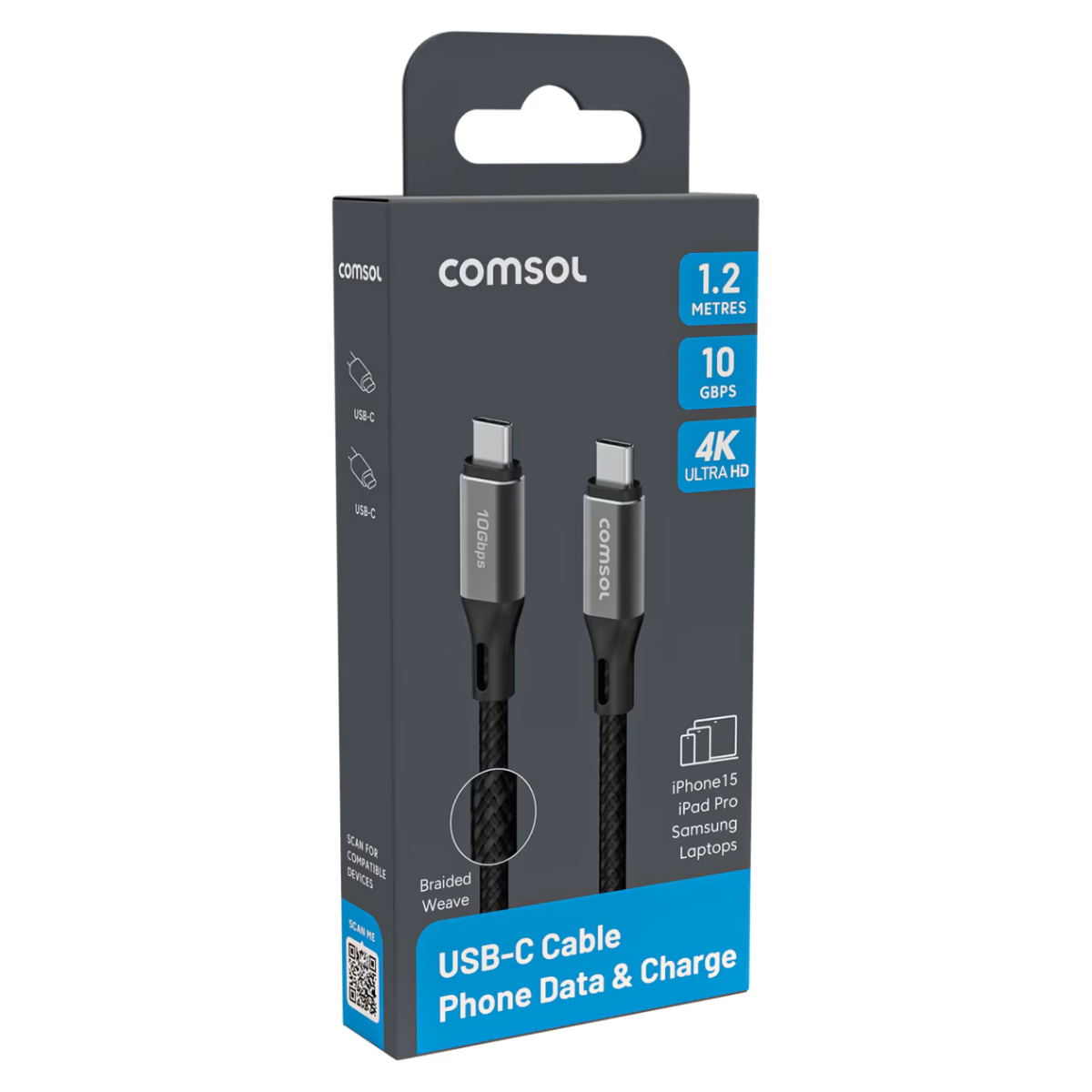 Comsol USB-C to USB-C Silicone + Fabric Cable 10Gbps - Black - 1.2m ...