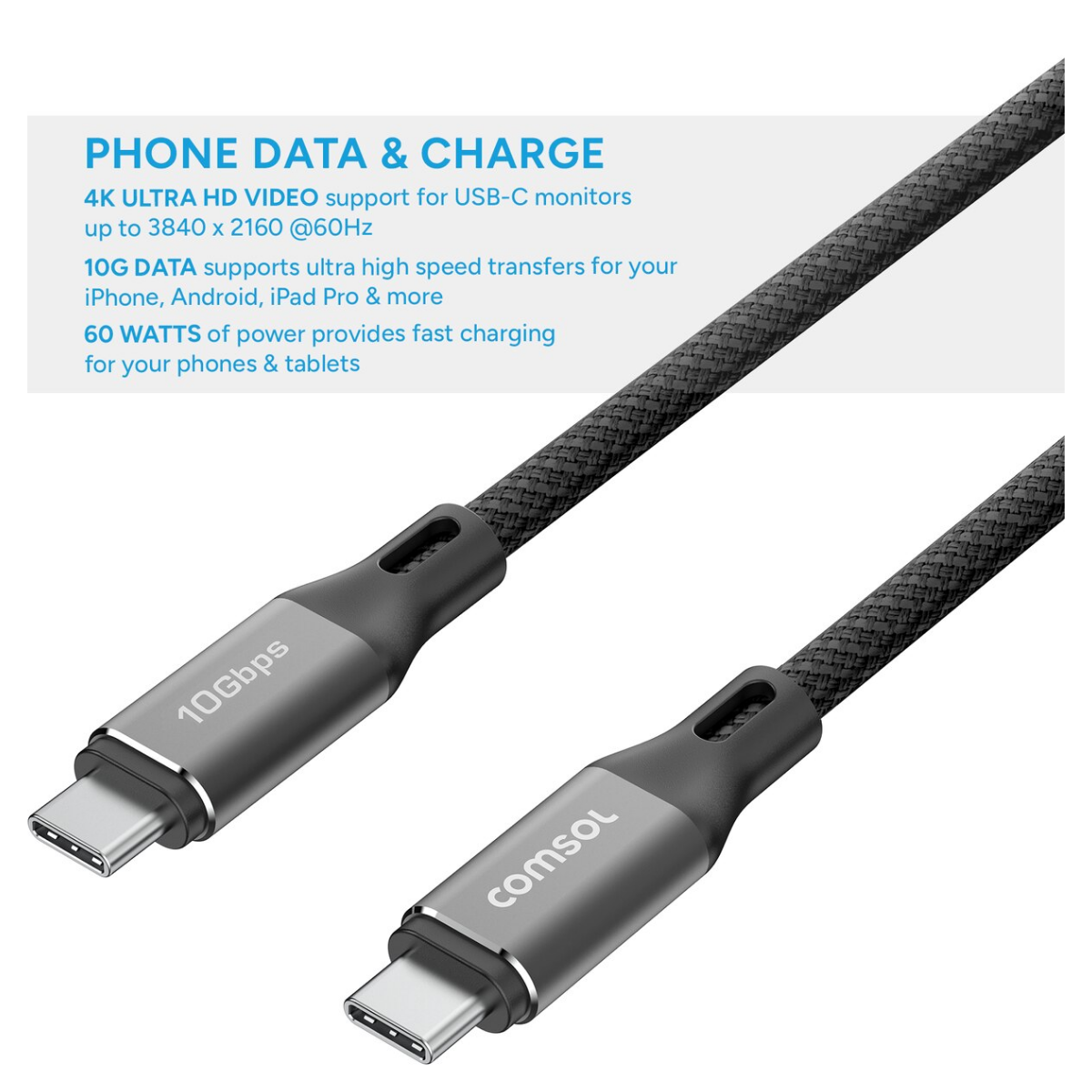 Comsol USB-C to USB-C Silicone + Fabric Cable 10Gbps - Black - 1.2m ...