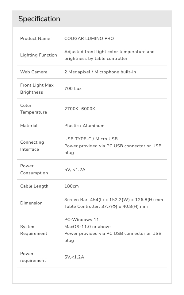 Cougar Lumino Pro Screenbar Monitor Light with Webcam & Dial Controller ...
