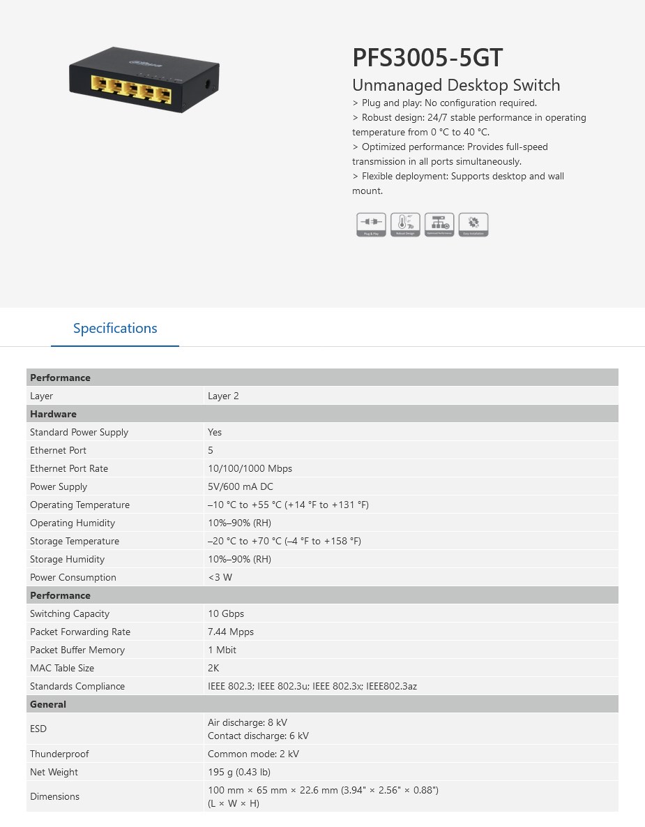 Dahua PFS3005-5GT 5-Port Desktop Unmanaged Gigabit Ethernet Switch - DH ...