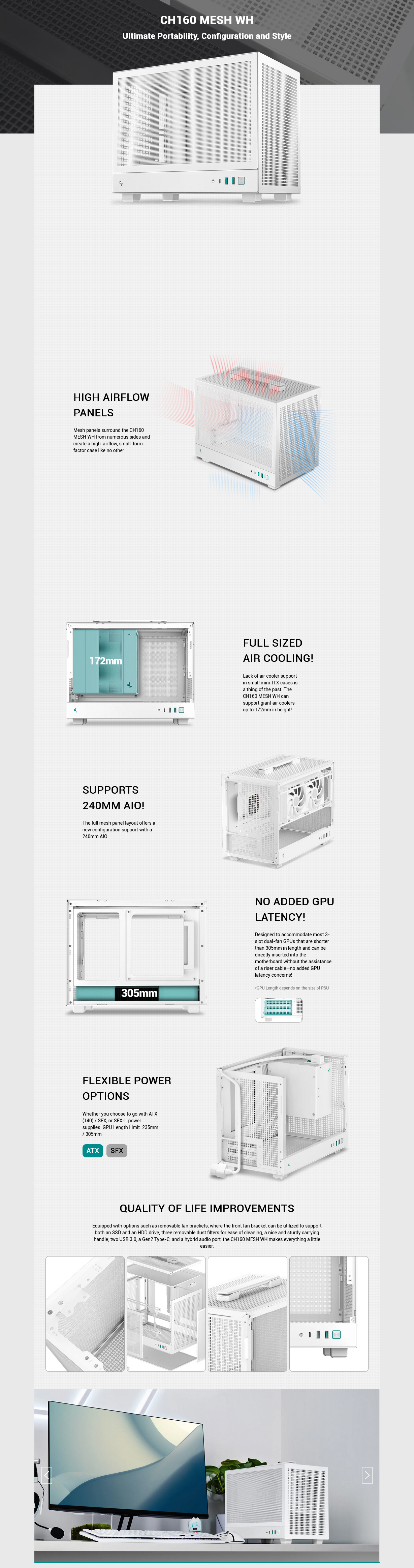DeepCool CH160 MESH WH Mini-ITX Case - White - R-CH160-WHNMI0-G-1 | Mwave