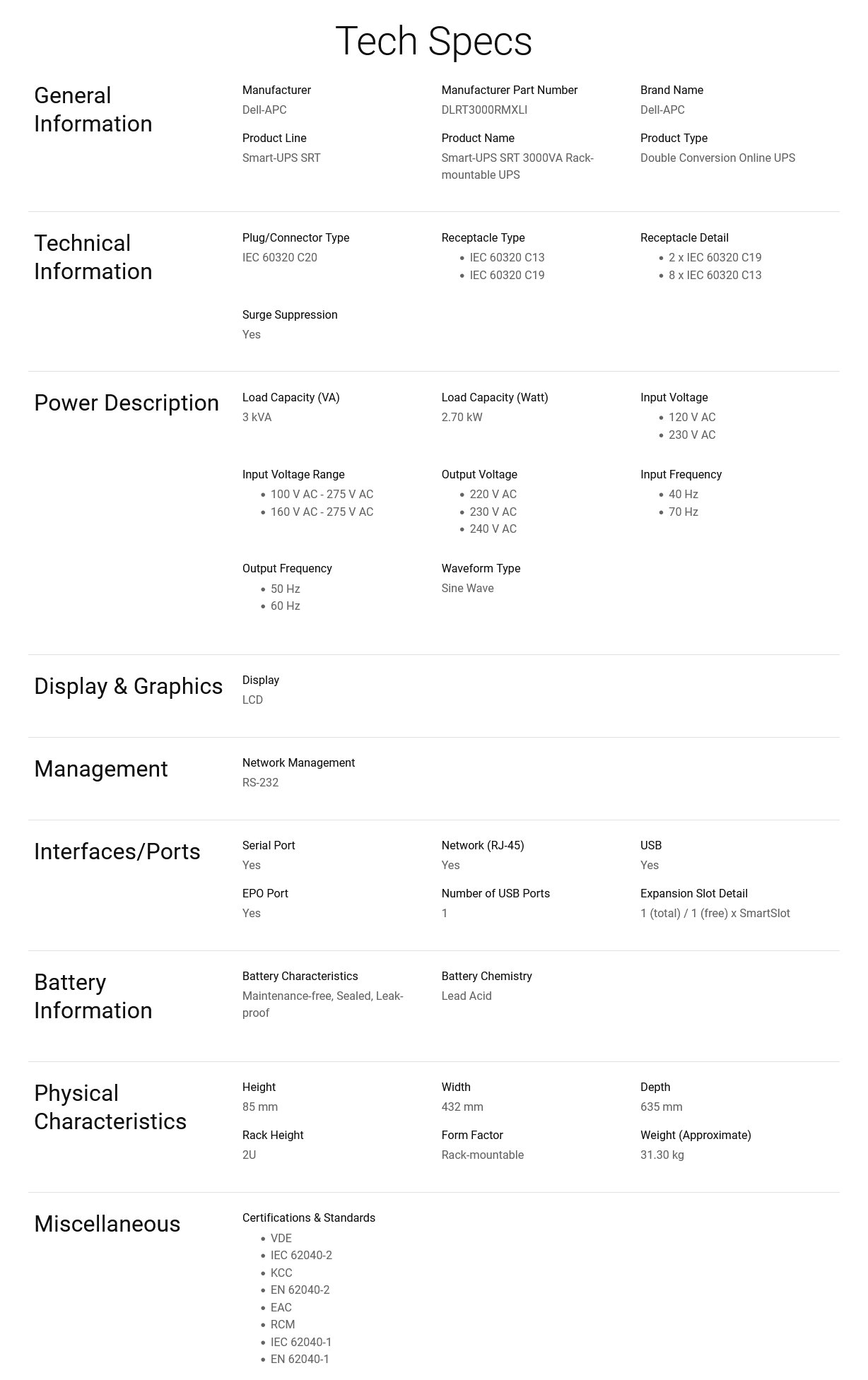 Dell APC Smart-UPS SRT 3 kVA/2.70 kW - A9255975 | Mwave