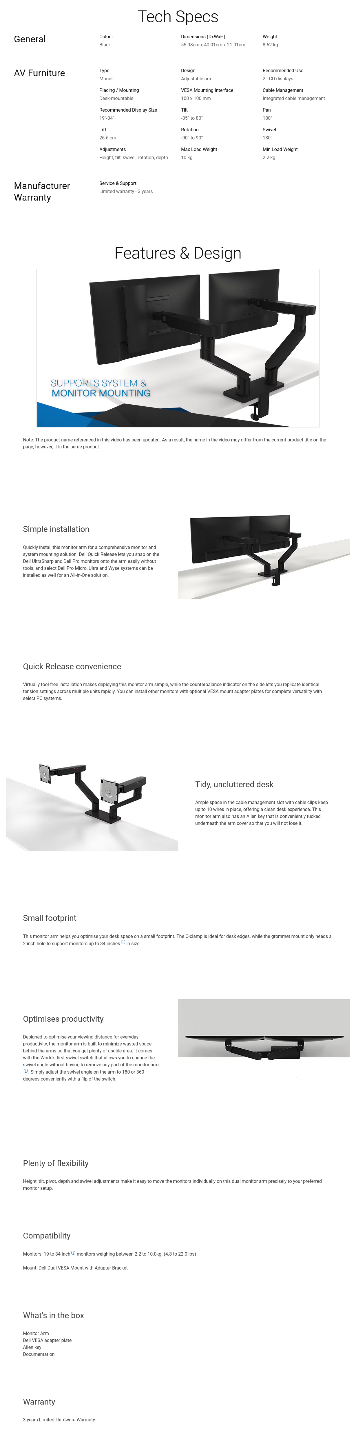 Dell Desk-Mounted Dual Monitor Arm - 19"~27" - 482-BBDL | Mwave