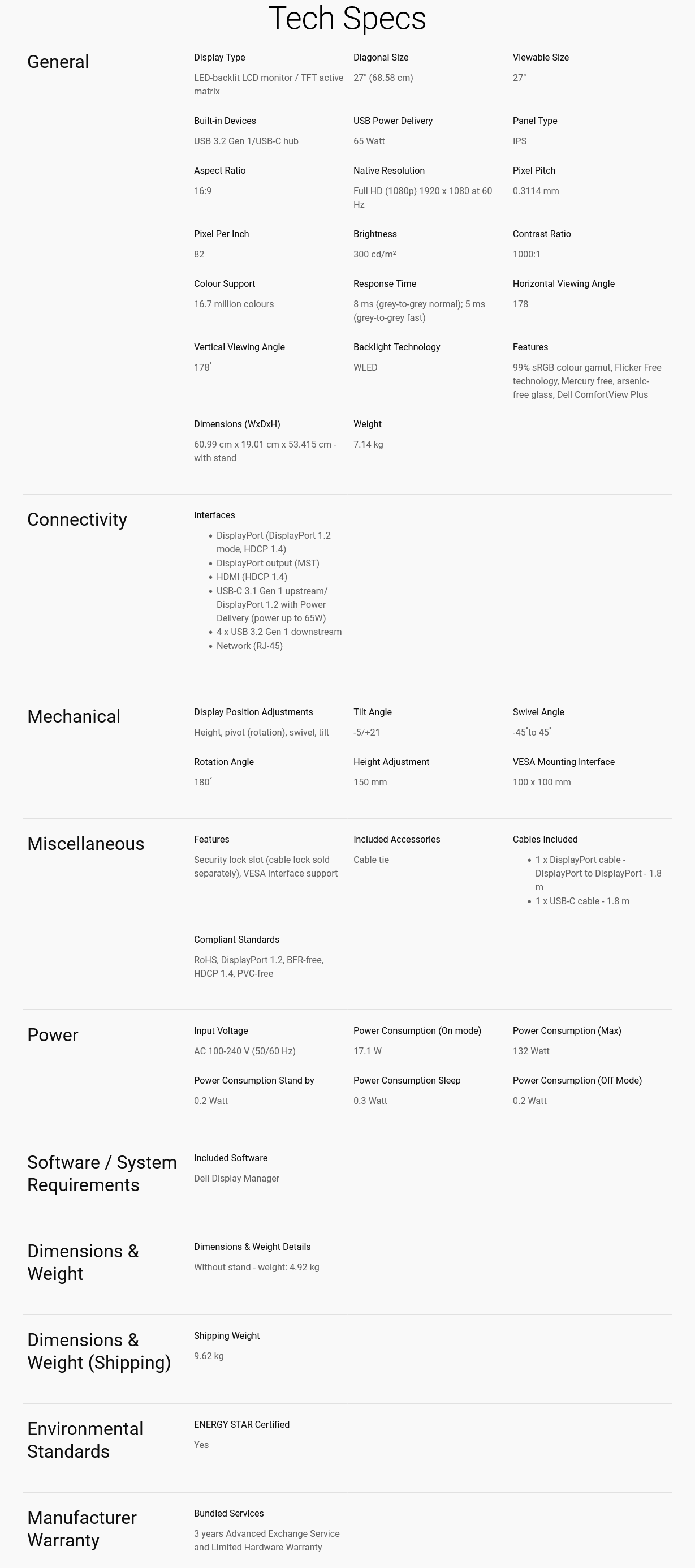 Dell P2722HE 27" FHD IPS Business Monitor (65W USB-C + Hub) - P2722HE ...