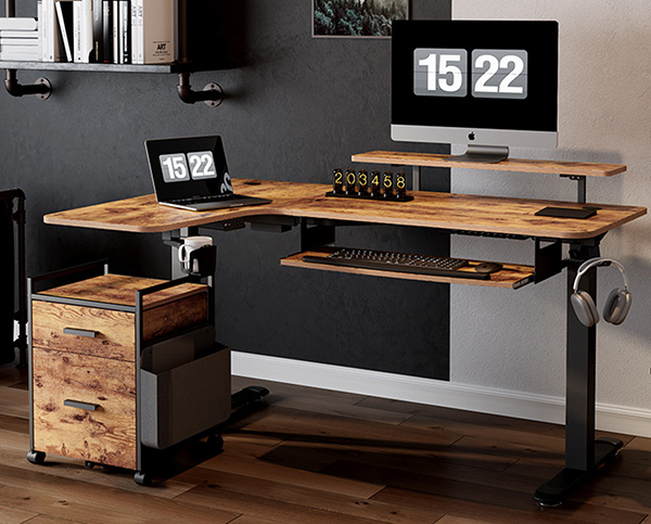 Eureka Ergonomic 60" L Shaped Electric Standing Rustic Brown Desk ...