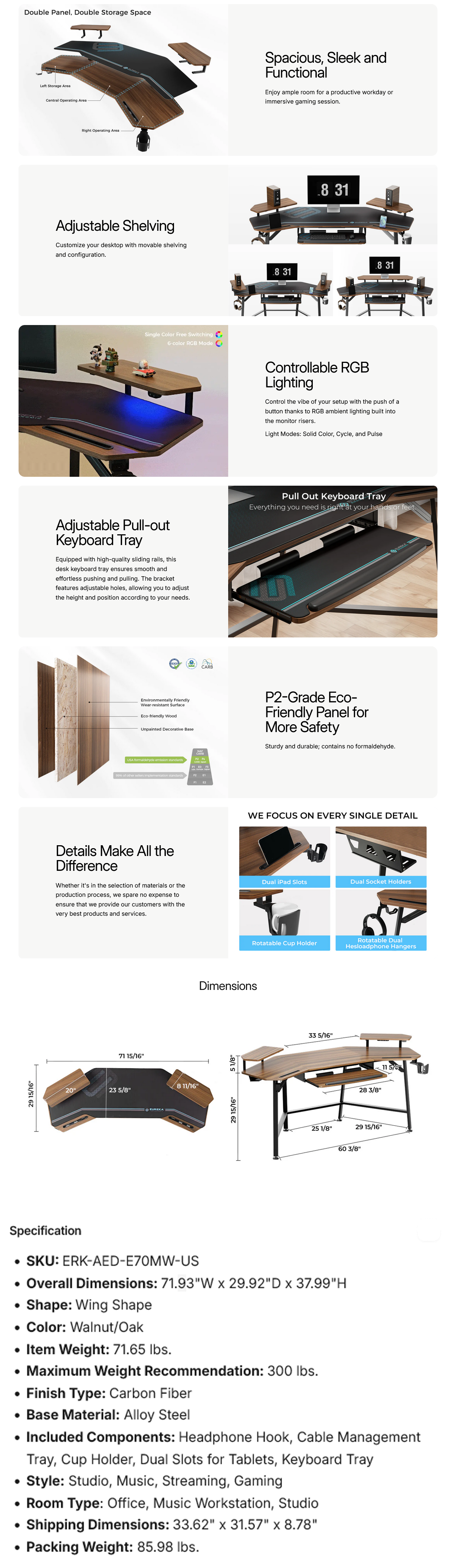 Eureka Ergonomic Aero E70MW 70" Wing Shaped Studio Desk with Keyboard ...