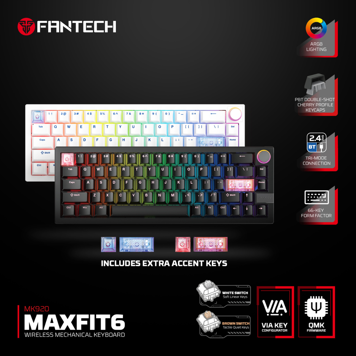 Fantech MAXFIT6 MK920 Wireless Mechanical ARGB Keyboard - Black - Brown ...