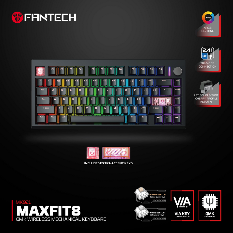 Fantech MAXFIT8 QMK Wireless Mechanical Keyboard - White Switches (Black) - KBFTMK921BKWH | Mwave