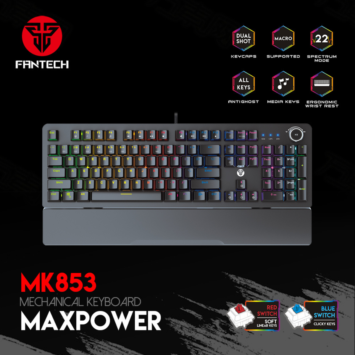 Fantech MAXPOWER MK853 Mechanical Keyboard - Black - Red Switches - MK853-Black-BUS | Mwave