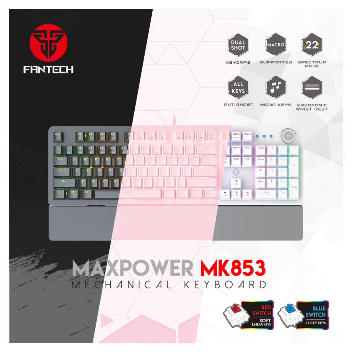 Fantech MAXPOWER MK853 Mechanical Keyboard - Pink - Red Switches ...