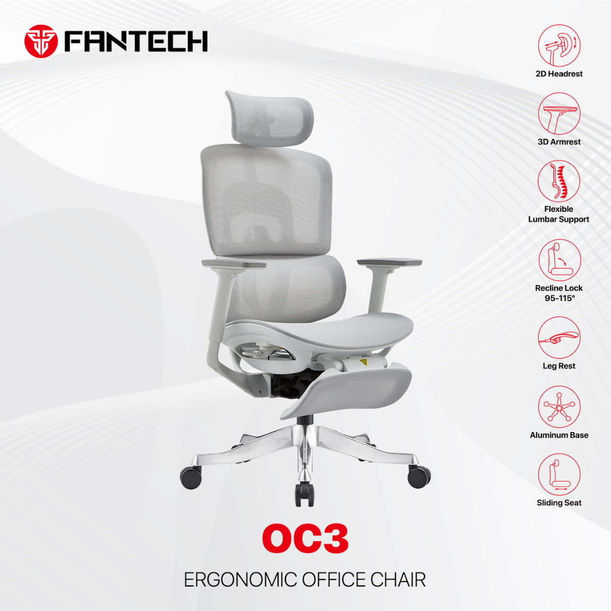 Fantech OC3 Ergonomic Office Chair - Grey - CRFTOC3GY | Mwave