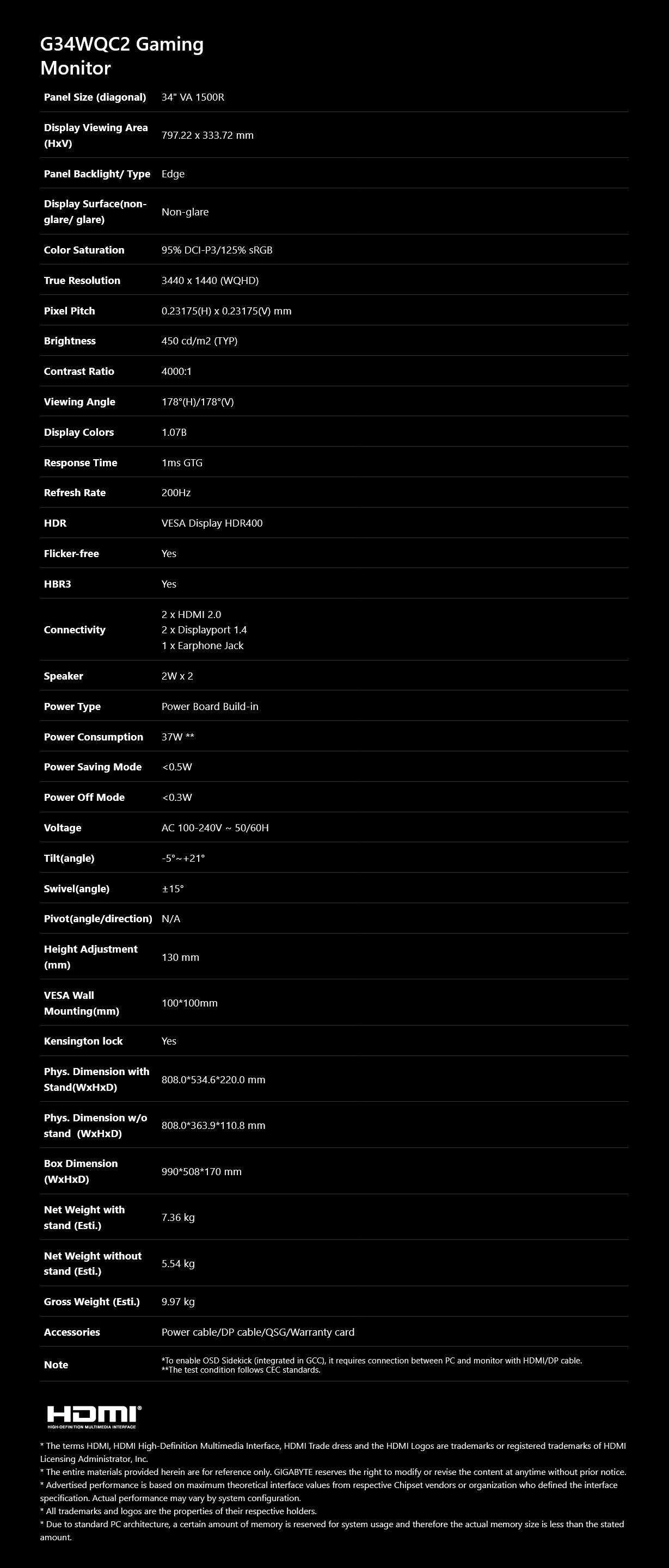 Gigabyte G34WQC2 34" 200Hz Ultra-Wide QHD HDR400 FreeSync Curved VA ...