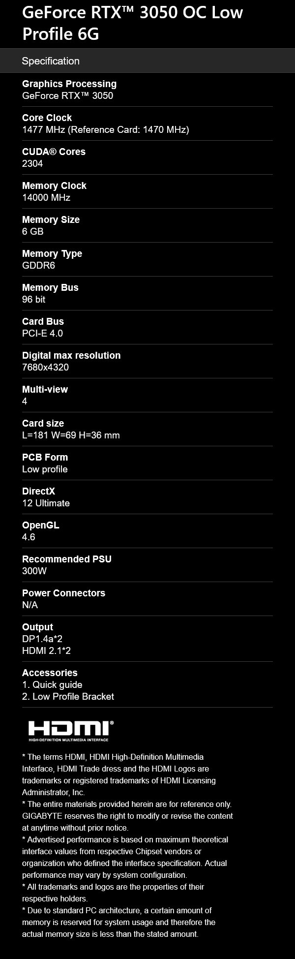 Gigabyte GeForce RTX 3050 OC Low Profile 6GB Video Card - GV-N3050OC ...