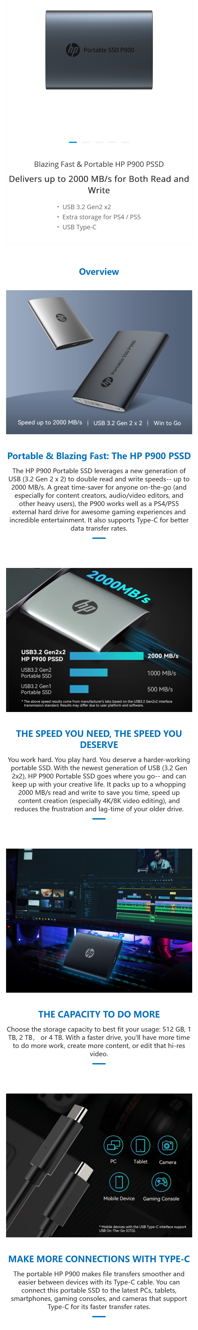 HP P900 4TB USB 3.2 Type-C Portable SSD - Black - 7M699AA#ABB | Mwave