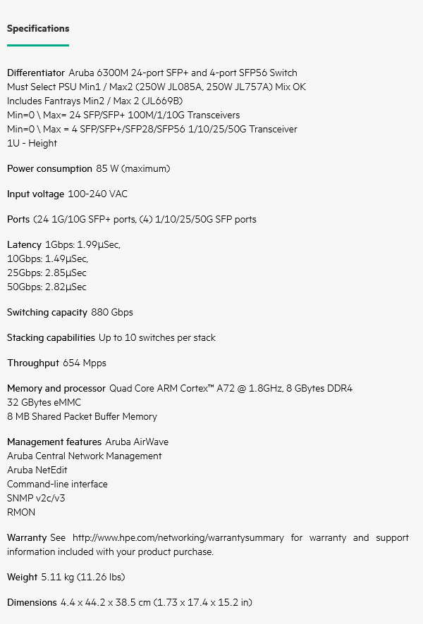 HPE Aruba 6300M 24-port SFP+ & 4-Port SFP56 Network Switch - JL658A | Mwave